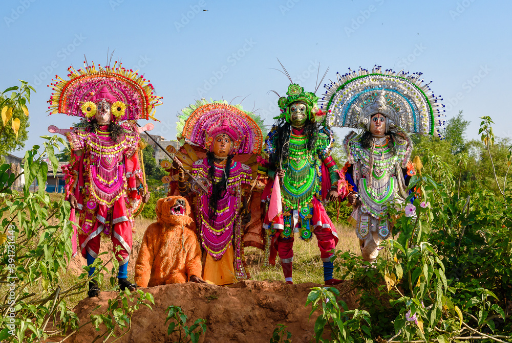 A group of Chhau Dancer posing in front of Camera. Chhau Dance is a ...