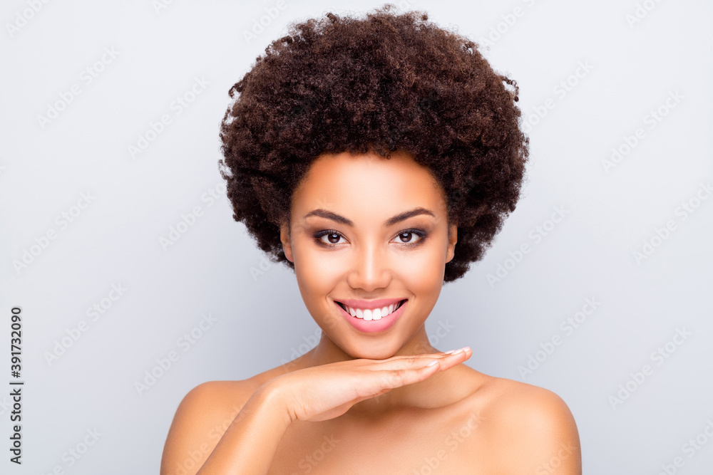 Close up photo of charming afro american girl enjoy pampering tone concealer skincare treatment ...
