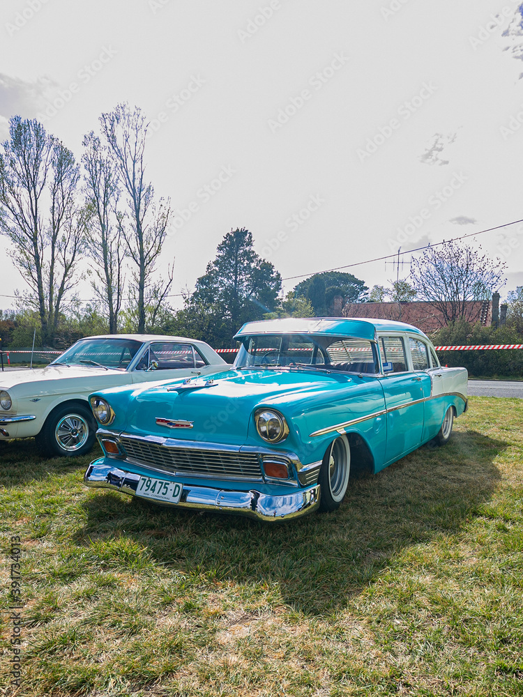 Front and side view of a restored and rebuilt classic circa 1956 light ...