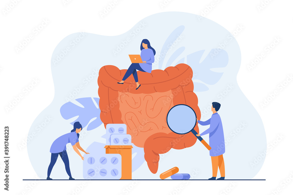 Tiny doctors checking and treating large intestine isolated flat vector ...