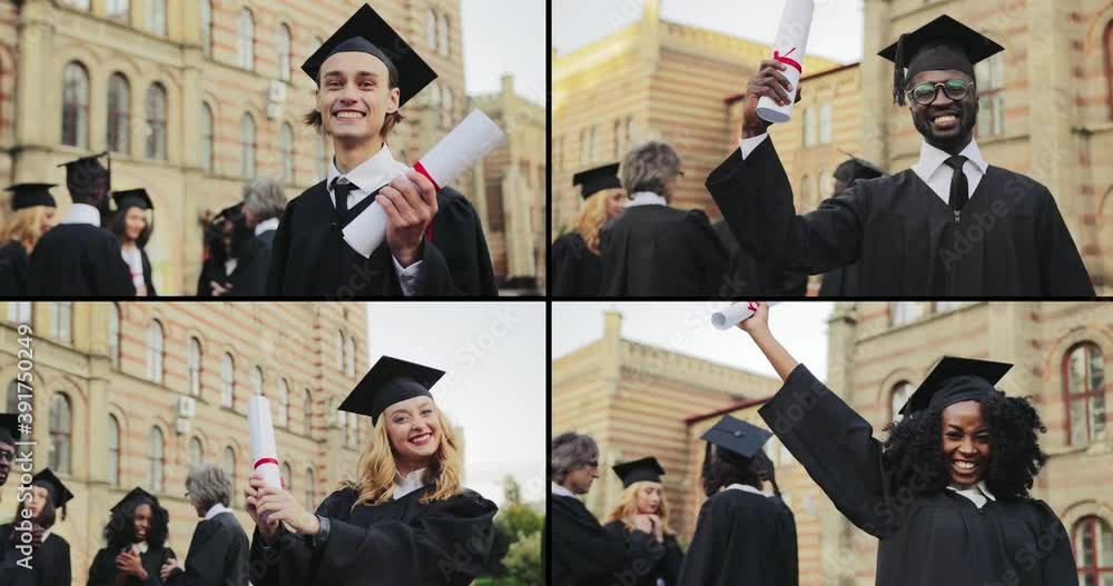 Collage of diverse cheerful multiethnic male and female graduates ...