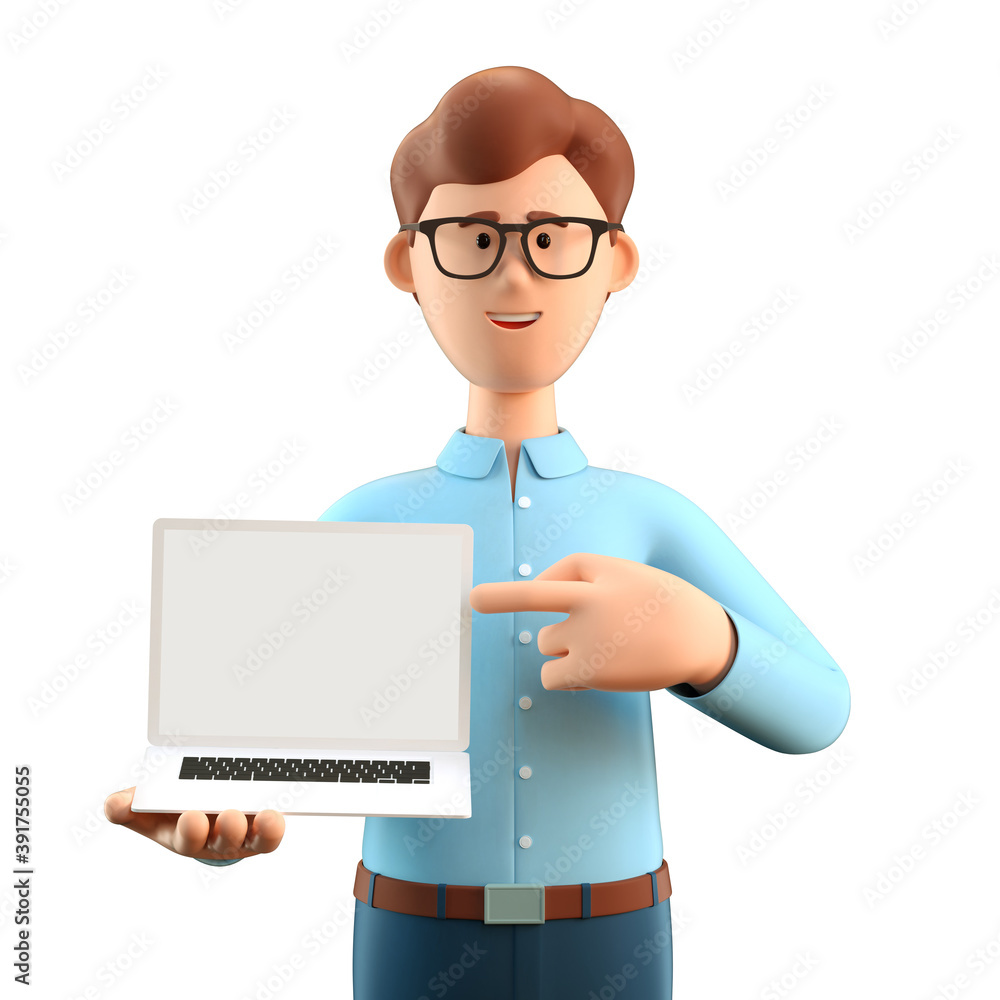 3D illustration of smiling happy man pointing finger at blank screen ...