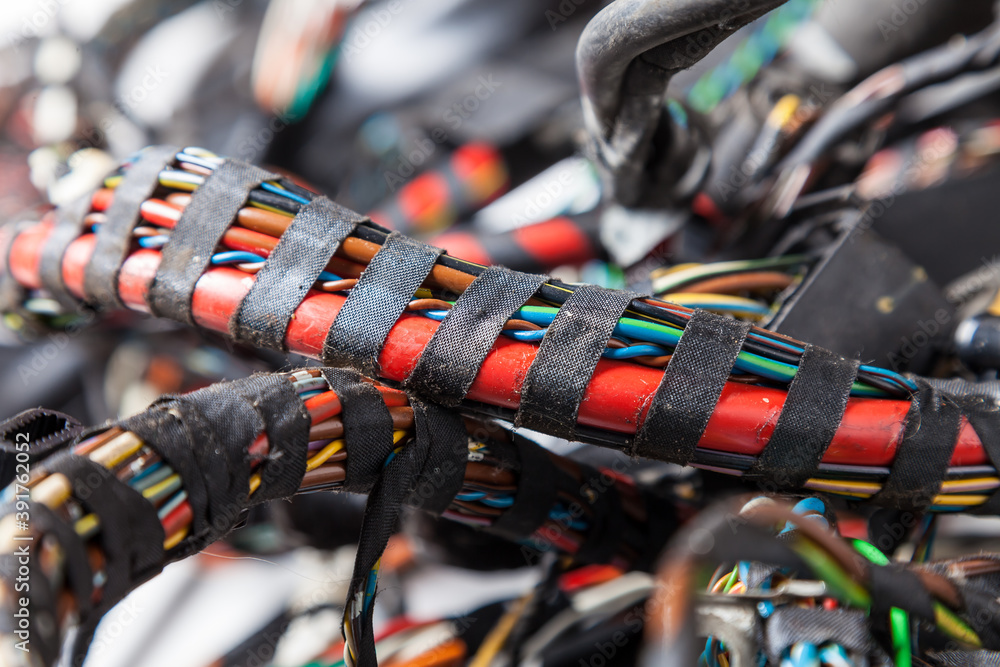 Large wide cable with multicolored orange and green wires, connectors ...
