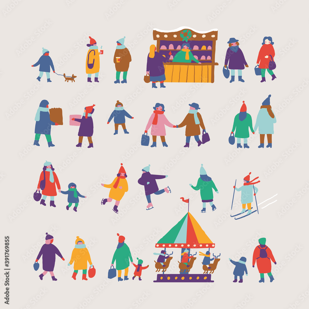 Winter people vector set. Christmas market or holiday fair. Outdoor ...