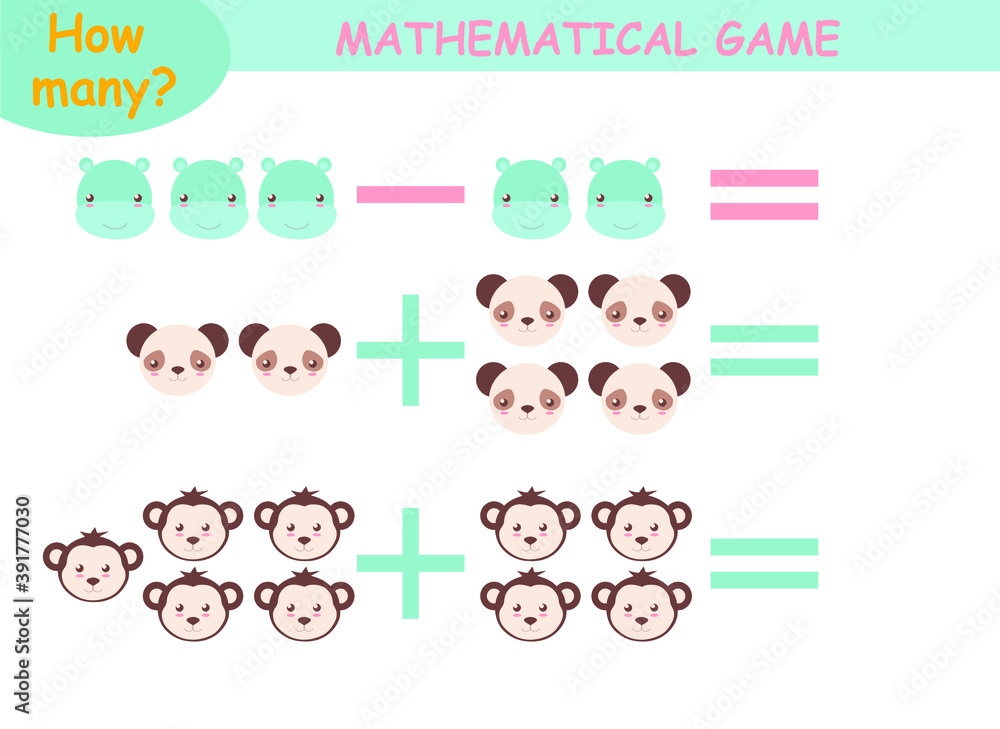 mathematical examples of addition and subtraction with cute animals ...