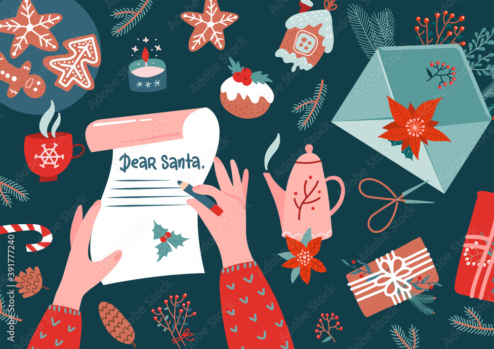 Character hands with pen writing letter to santa claus. Envelope, fur ...