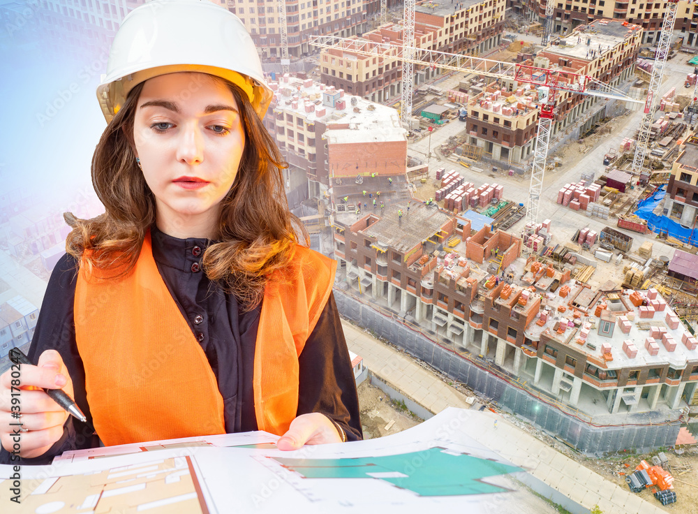 Girl works in construction company. Concept - woman develops internal ...