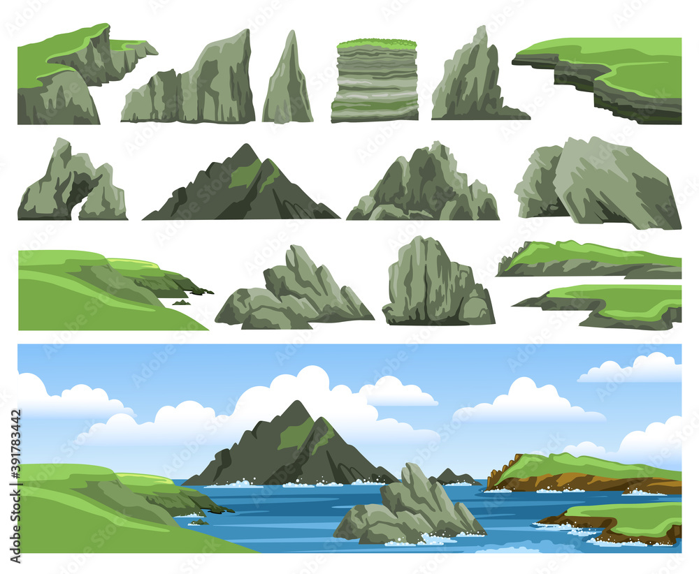Set of sea landscape elements. Mountains, rocks, cliffs, stones and ...