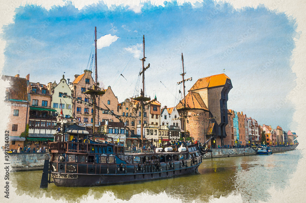 Watercolor drawing of Medieval wooden ship on Motlawa river water ...