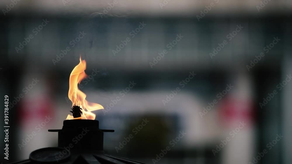Details with an oil fueled eternal flame at a war memorial monument in ...