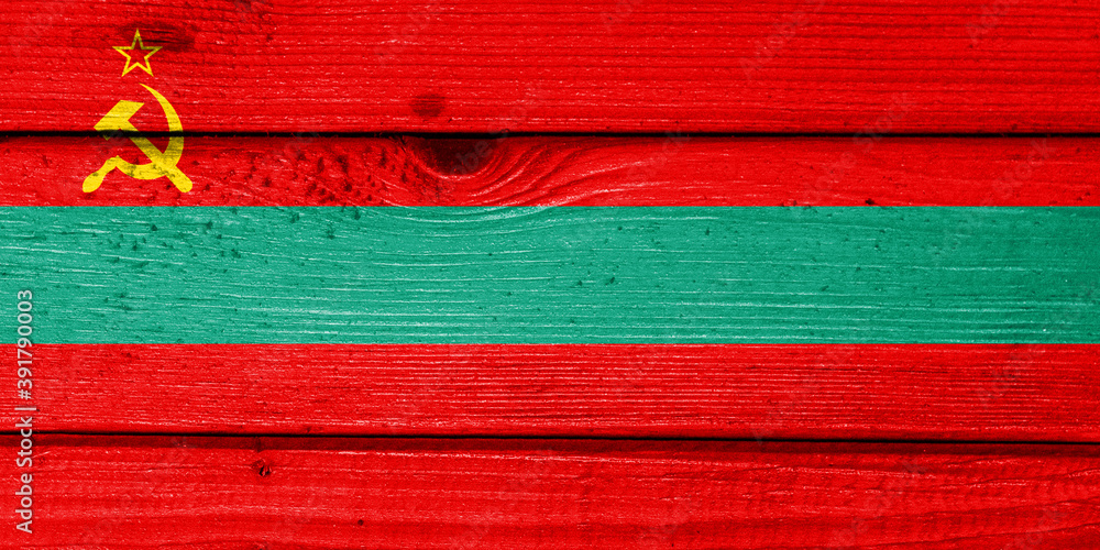 Transnistria flag painted on old wood plank background. Brushed natural ...