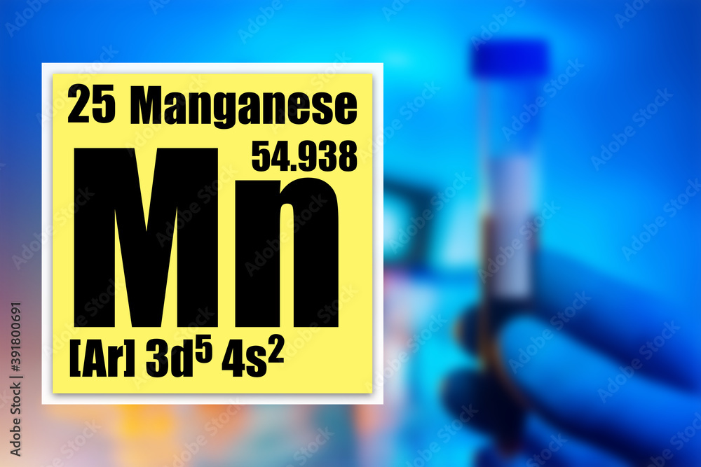 Manganese logo in a yellow square on a blue chemical background ...