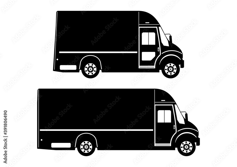 Step van. Modern courier van silhouette in two length versions. Side ...