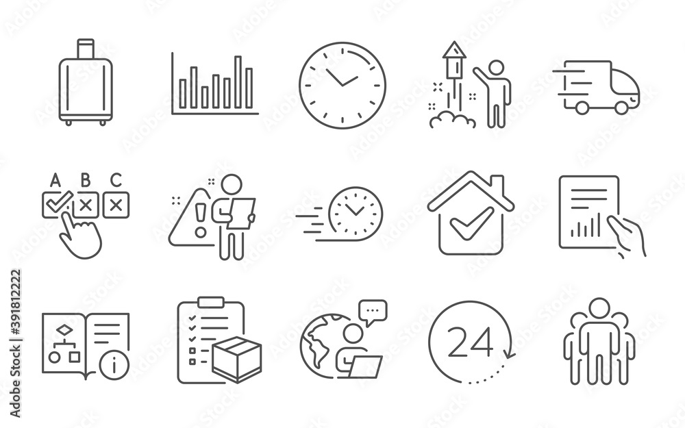 Vetor de Technical algorithm, Group and 24 hours line icons set. Time, Bar diagram and Parcel ...