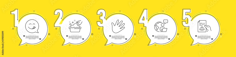 Technical documentation, Yummy smile and Hand line icons set. Timeline ...