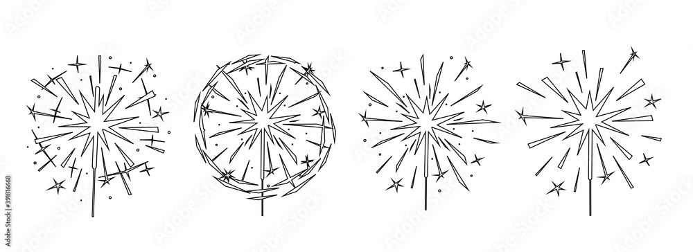Set of black outline burning sparklers silhouettes isolated on white ...
