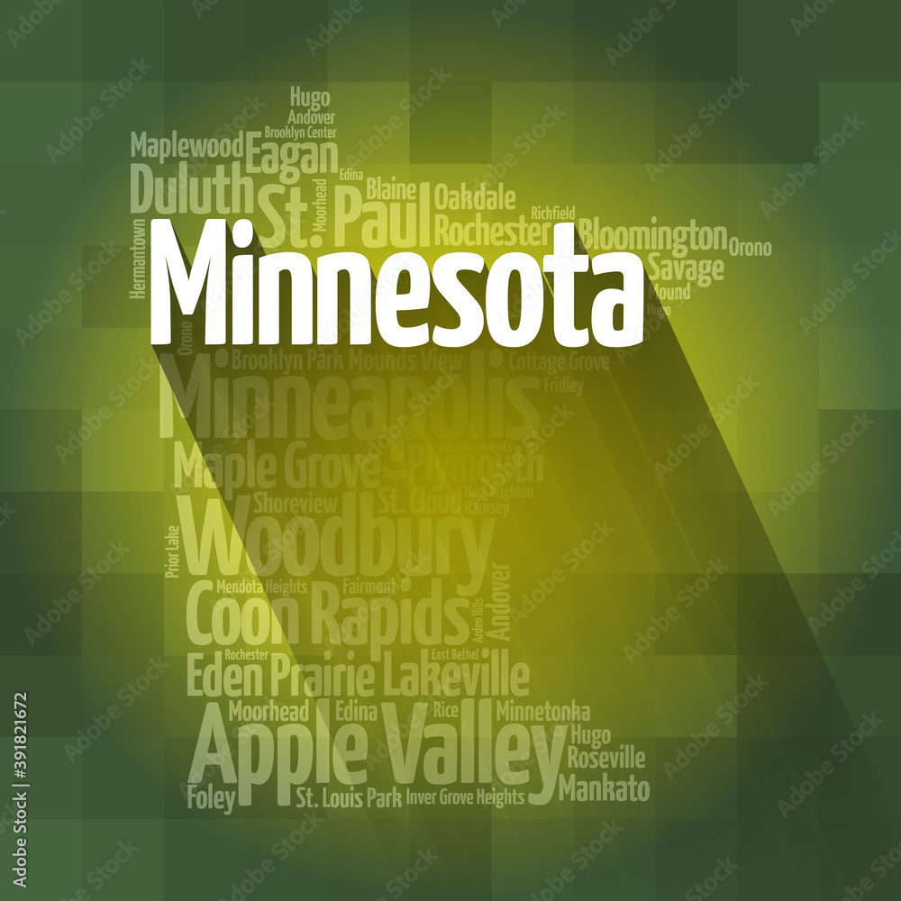 List of cities in Minnesota USA state, map silhouette word cloud map ...