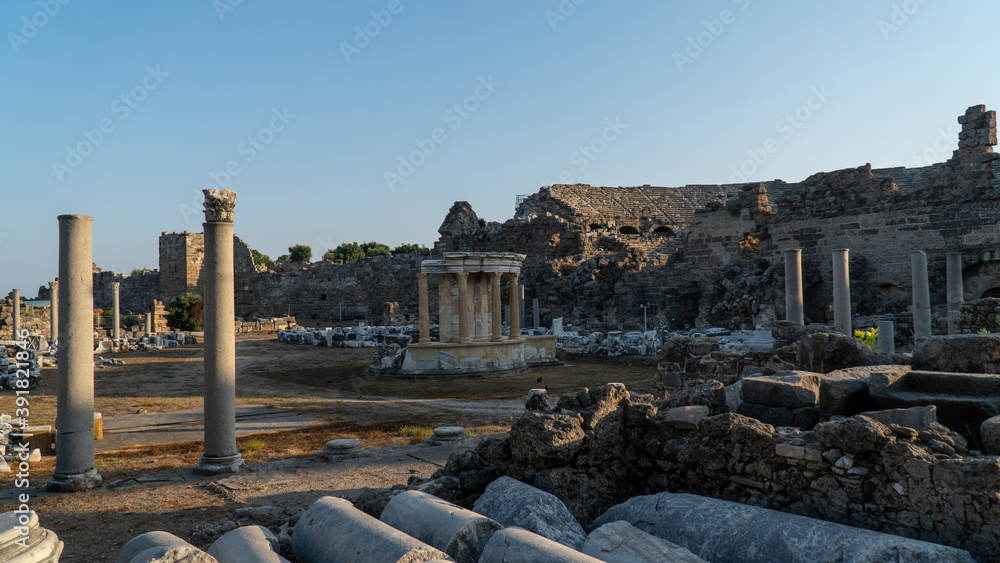 The monumental fountain, the Nymphaeum in the ancient / Side Antalya ...