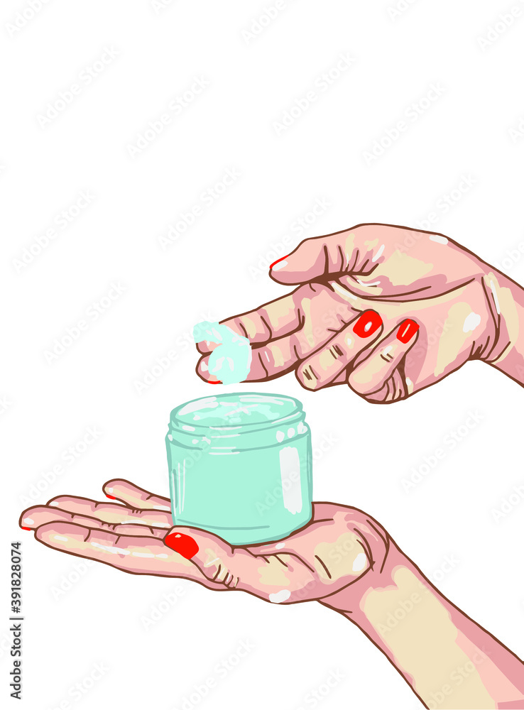 Vector illustration of woman applies cream to hands. Vector ...