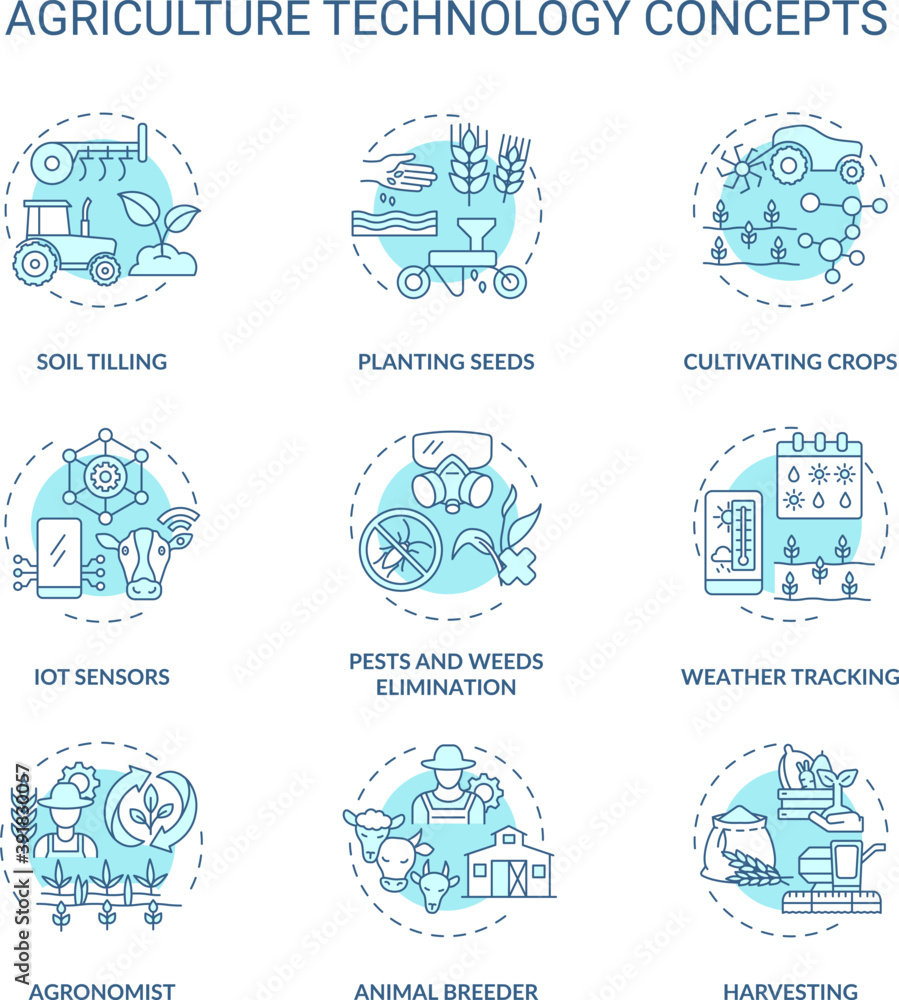 Agriculture technology concept icons set. Soil tilling. Planting plants ...