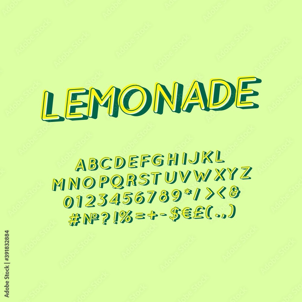 Lemonade vintage 3d vector alphabet set. Retro bold font, typeface. Pop ...