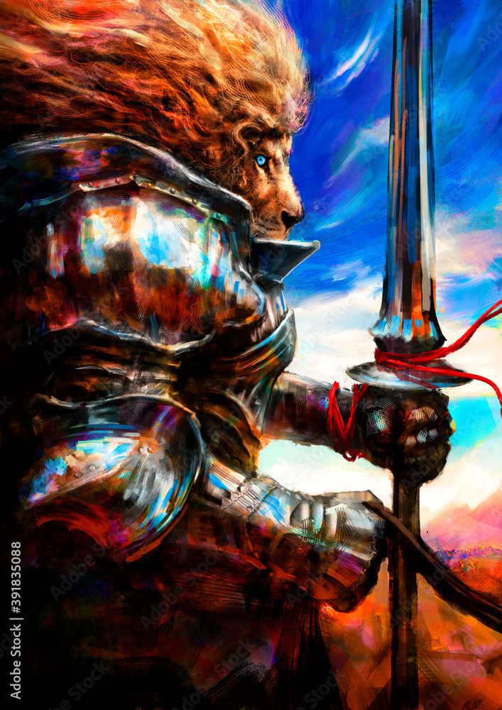 A huge knight lion, in massive steel armor shining brightly and ...