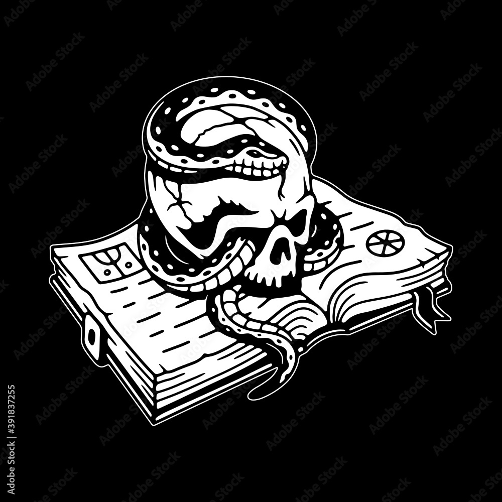 SPELLBOOK WITH SKULL AND SNAKE WHITE BLACK BACKGROUND Stock Vector ...