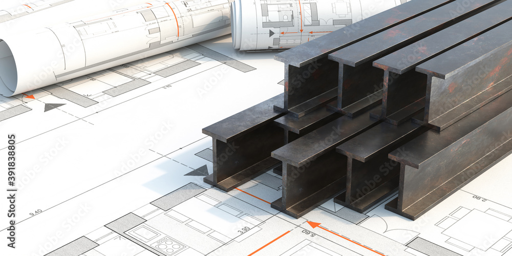 Steel beams stack on project blueprints background. 3d illustration ...