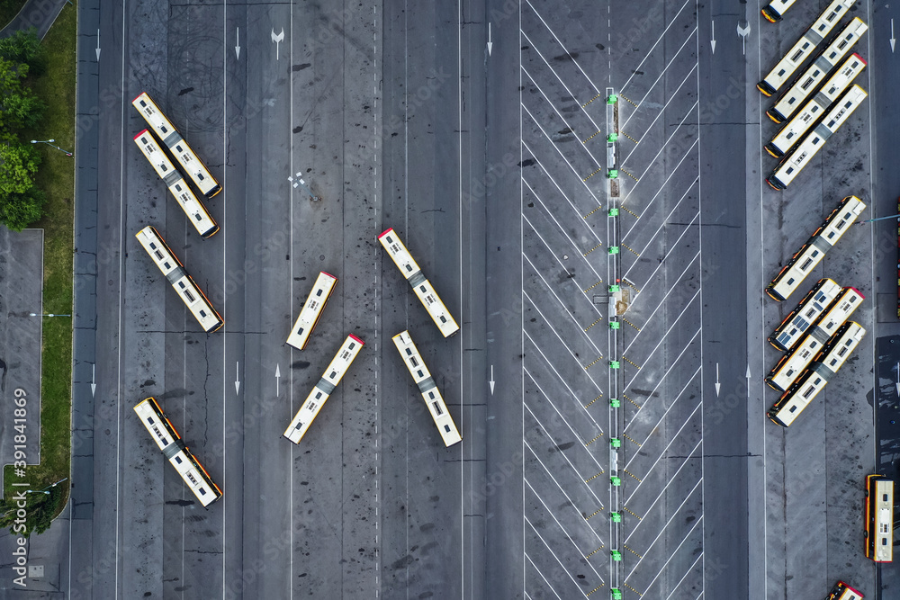Drone photo of Ostrobramska buses depot of MZA public transport company ... Drone photo of Ostrobramska buses depot of MZA public transport company ...