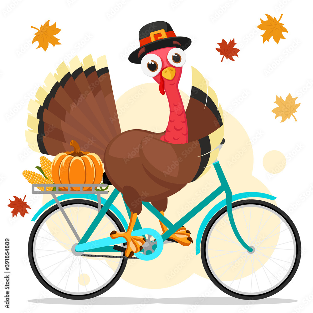Turkey bird rides a bicycle and flaps its wing. Thanksgiving Day Stock ...