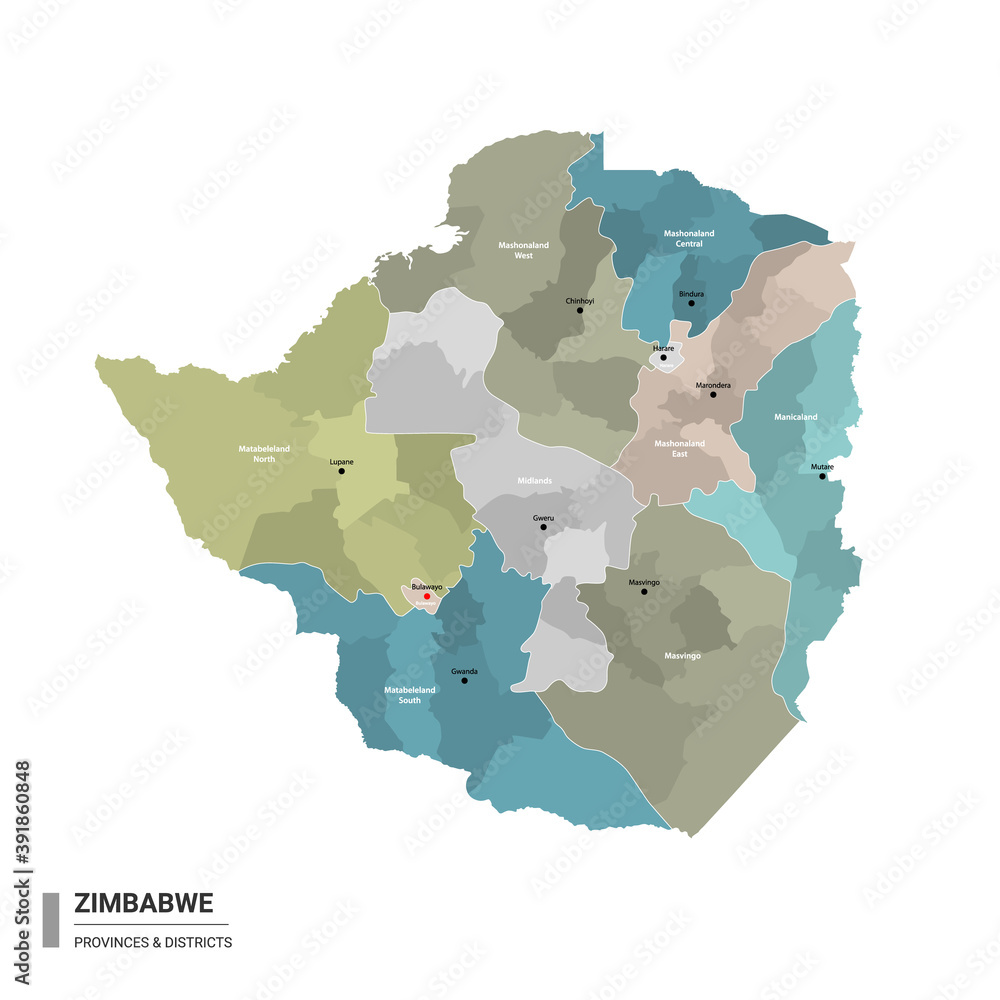 Zimbabwe higt detailed map with subdivisions. Administrative map of ...
