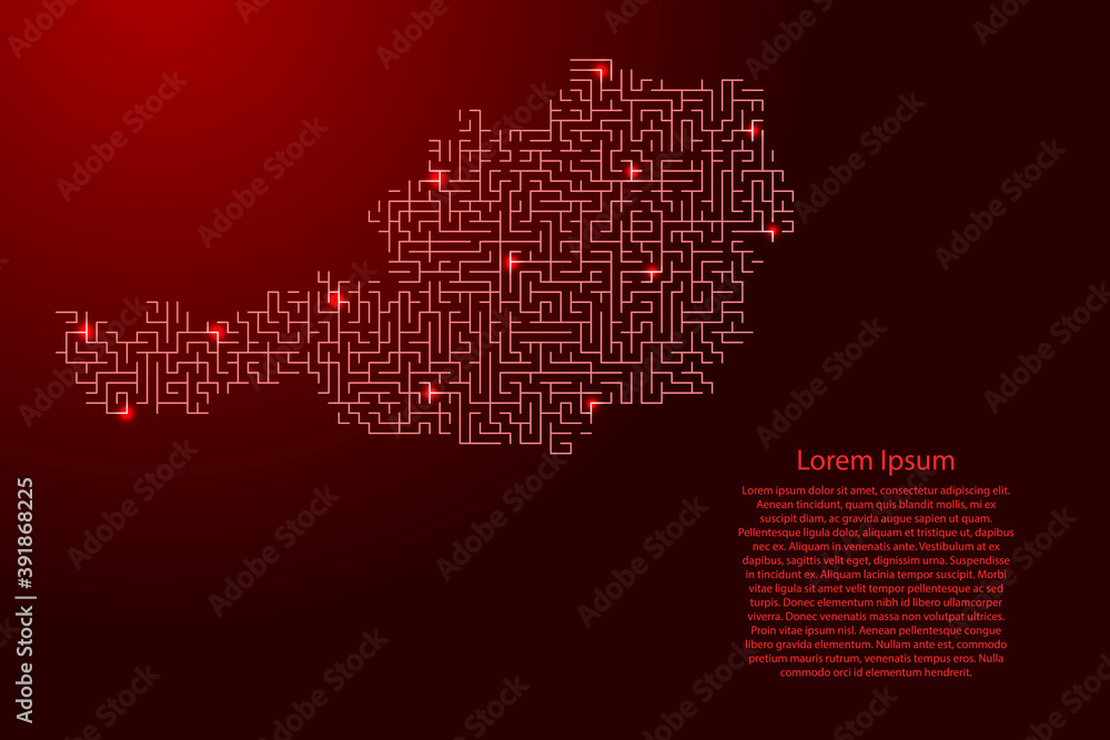 Austria map from red pattern of the maze grid and glowing space stars ...