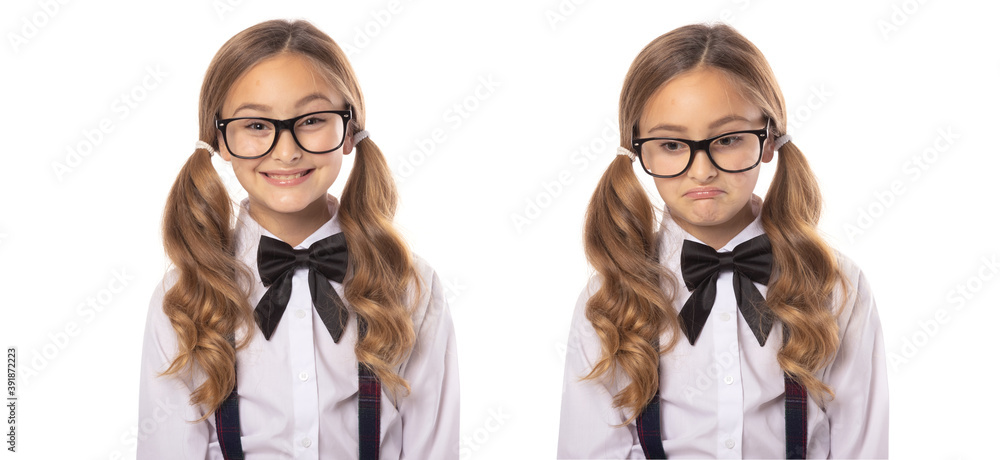 Two emotionally opposite girl portraits. First is joyful and cheerful ...