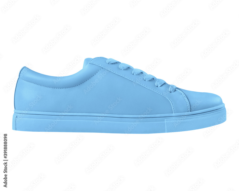 Light blue leather sneaker sport shoe side view isolated on white ...