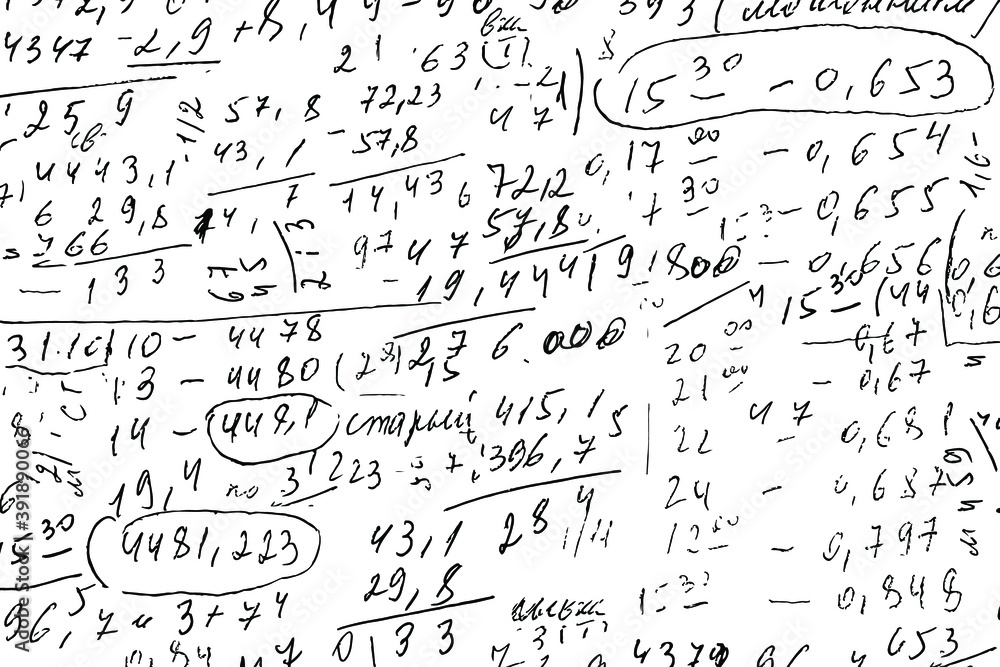 Monochrome background of handwritten notes with careless numbers, blurs ...