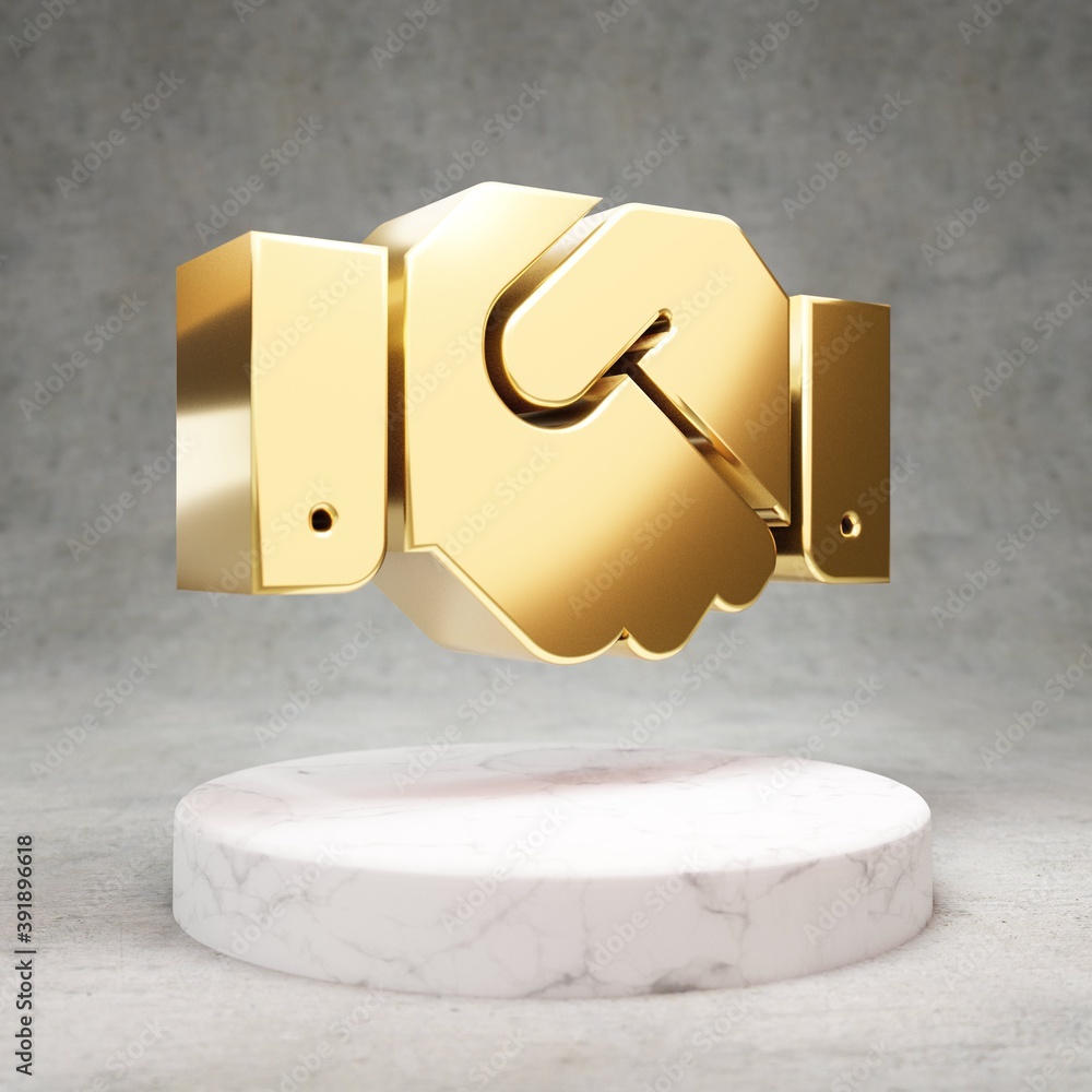 Handshake icon. Shiny golden Handshake symbol on white marble podium ...