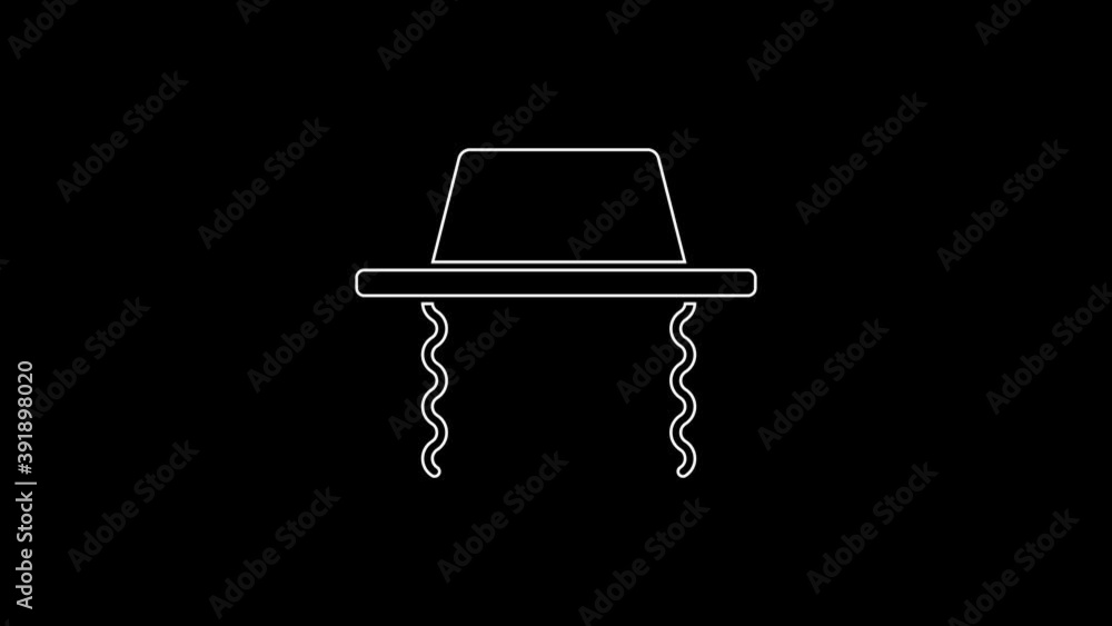 White line Orthodox jewish hat with sidelocks icon isolated on black ...