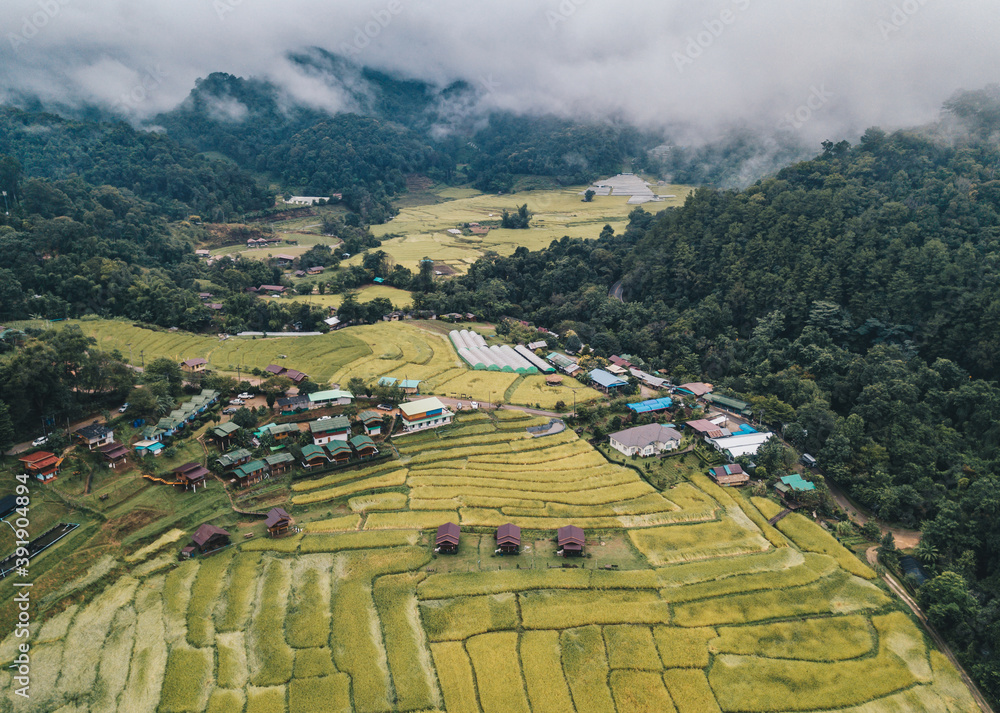 Aerial view of Ban Mae Klang Luang village located at the foot of Doi ...