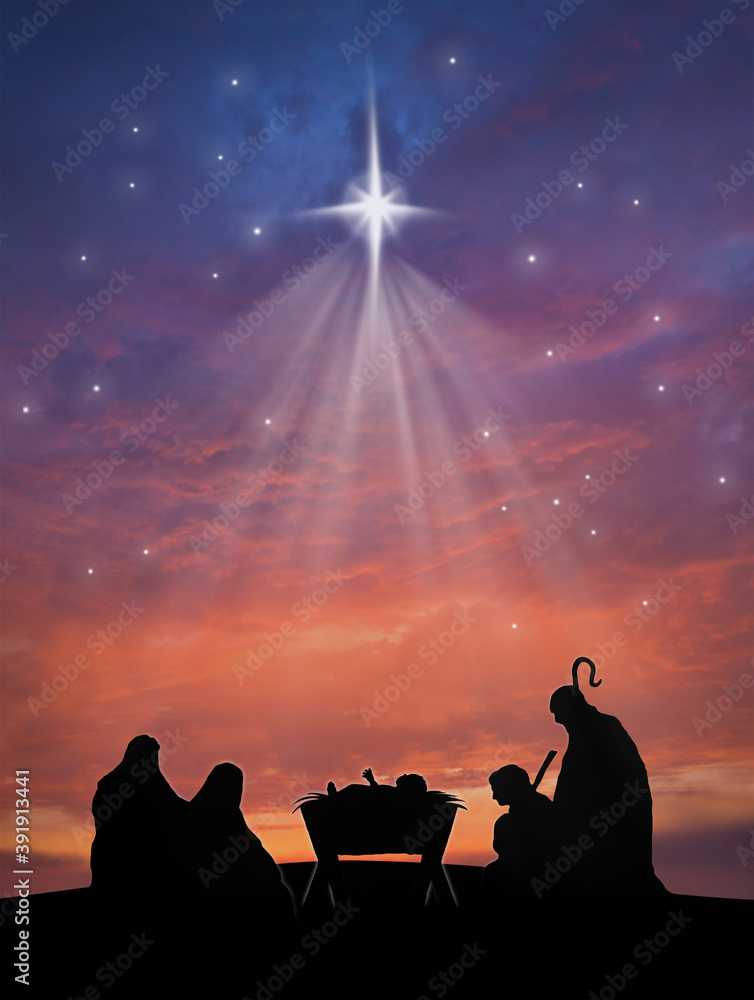 Christmas nativity scene of baby Jesus in the manger with Joseph, Mary ...
