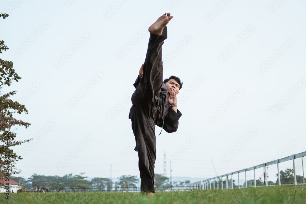 Asian male fighter wearing a pencak silat uniform performs a straight ...