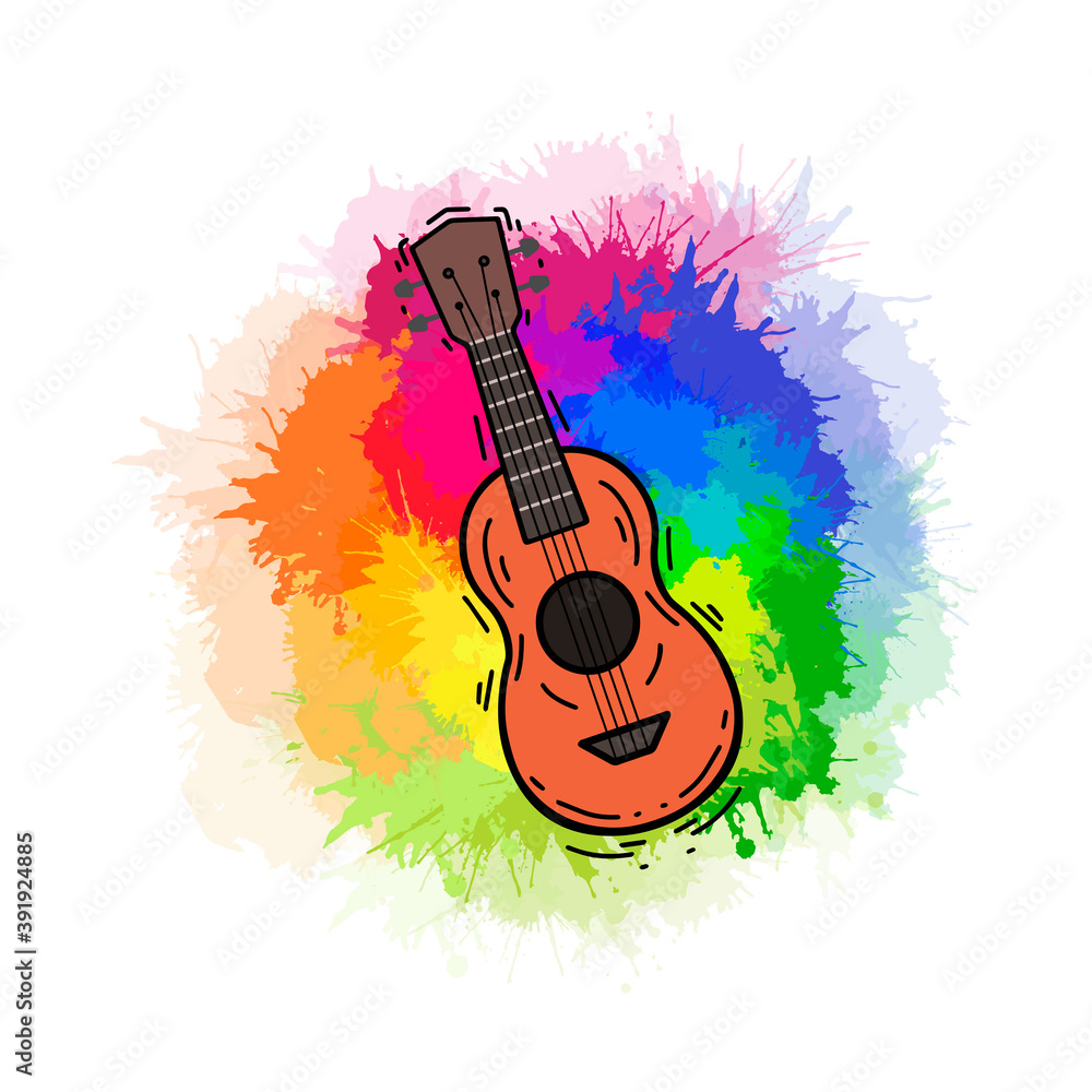 Contour color ukulele on rainbow watercolor splashes. Hawaiian music ...