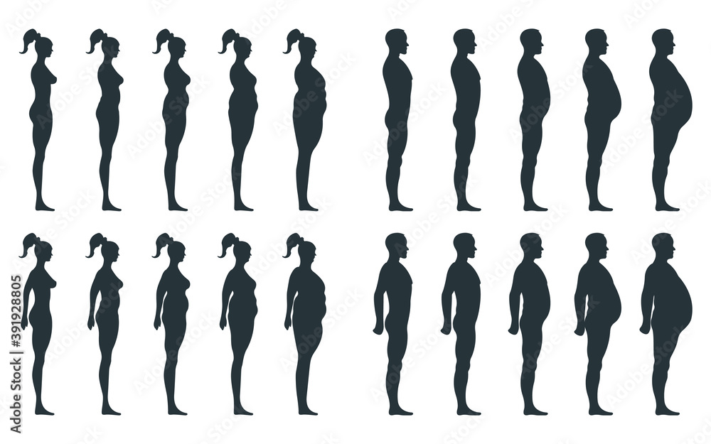 Black view side body silhouette, fat extra weight female, male anatomy ...
