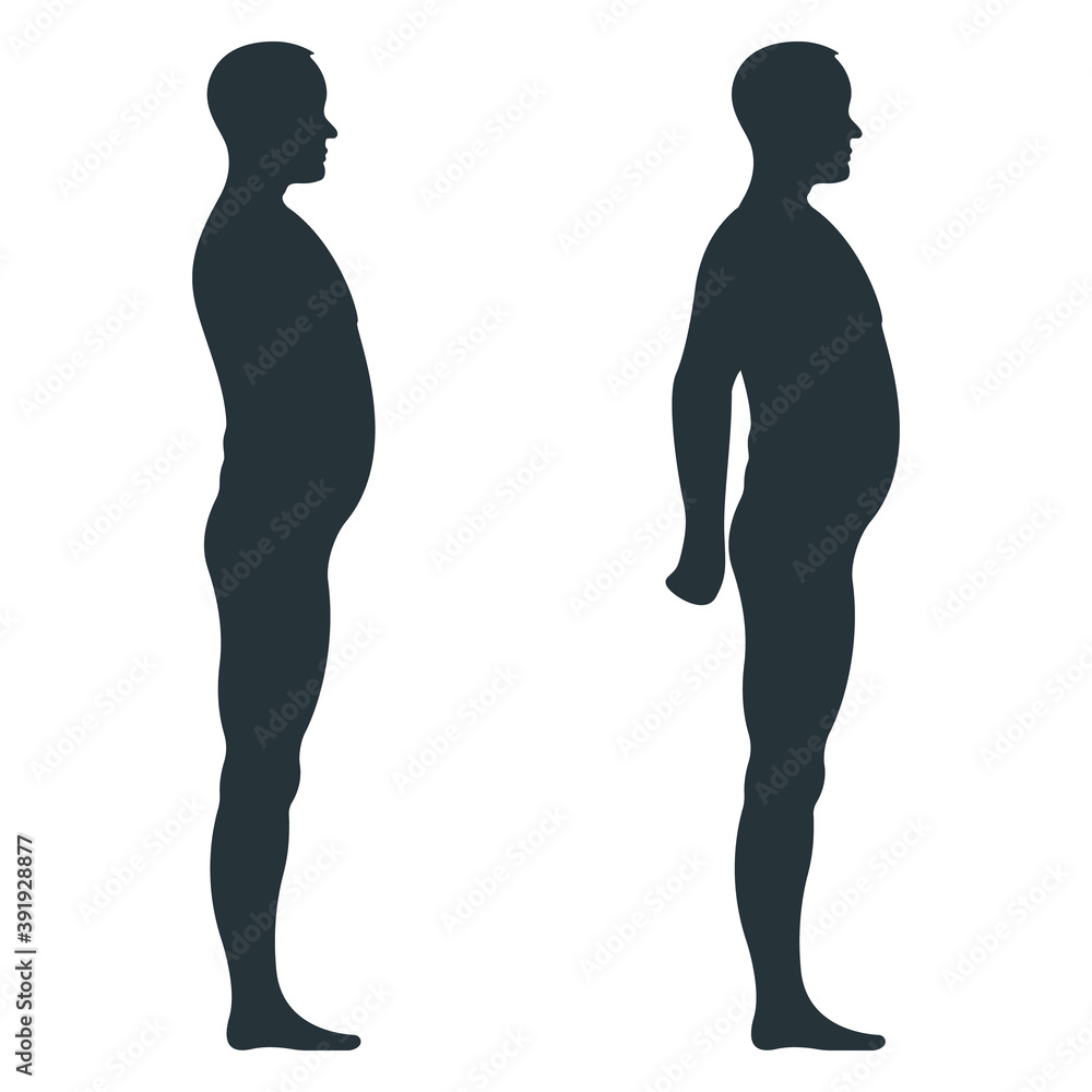 Black view side body silhouette, fat extra weight male anatomy human ...