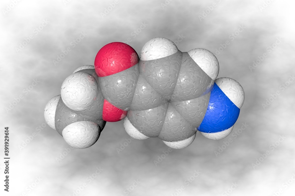 Molecular model of benzocaine. Atoms are represented as spheres with ...