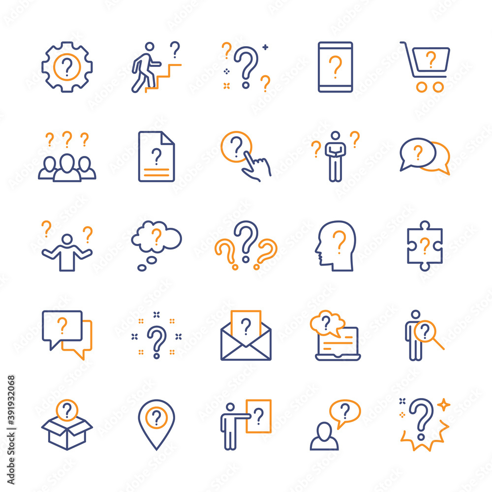 Vecteur Stock Questions and tasks, ask and think, vector color linear ...