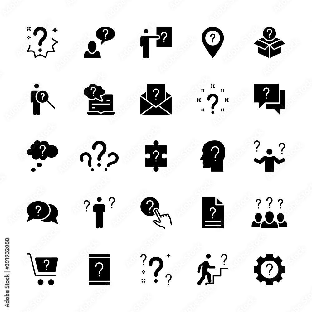 Simple silhouette set of question related vector icons. Contains icons ...