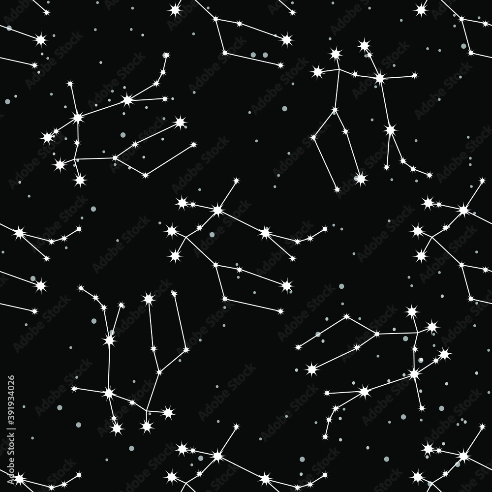 Seamless pattern with Gemini constellation, handwritten lettering and ...