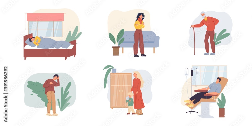 Cartoon flat patient characters,sick persons-treatment and therapy ...