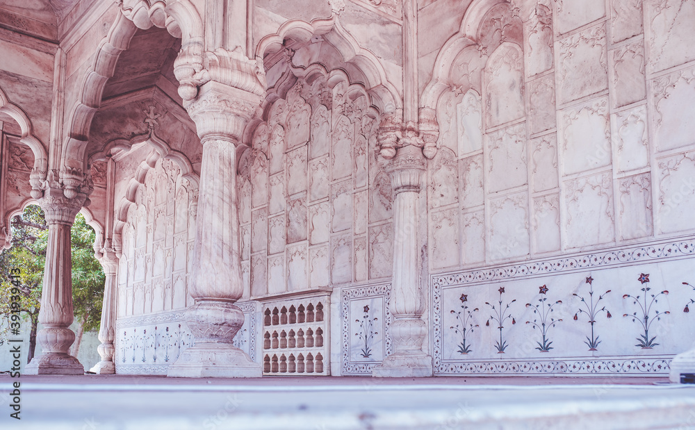 Close up of architectural details of a small white mughal palace known ...