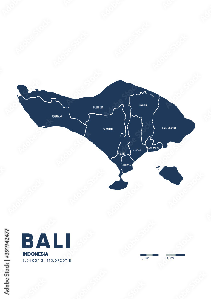 bali island map vector drawing with scale and details district ...